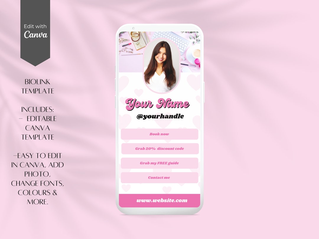 Pink Retro Editable Bio Link, Link in Bio Template, Canva Link in Bio ...