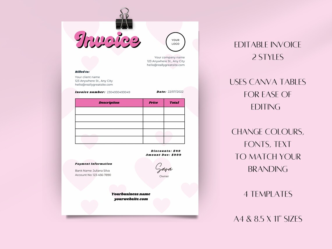 Pink Retro Invoice Template Business Invoice Beauty Salon - Etsy