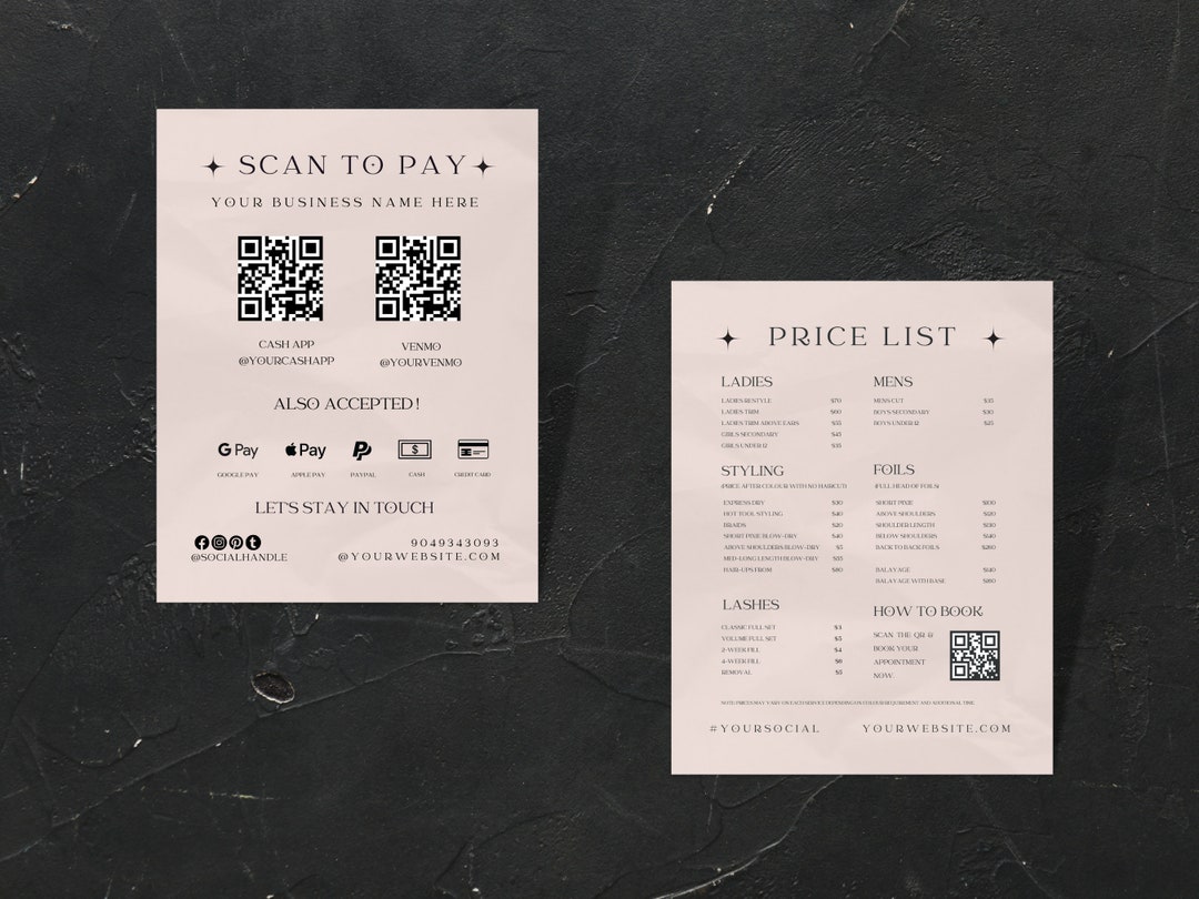 Beauty Printable Pricelist Canva Template, Scan to Pay Template, for ...
