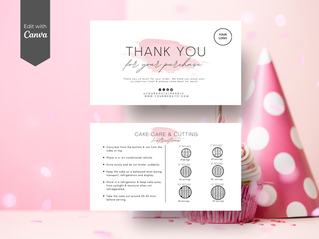 Editable Cake Care Card Template, Business Card 3.5 X 2” , Thank You ...