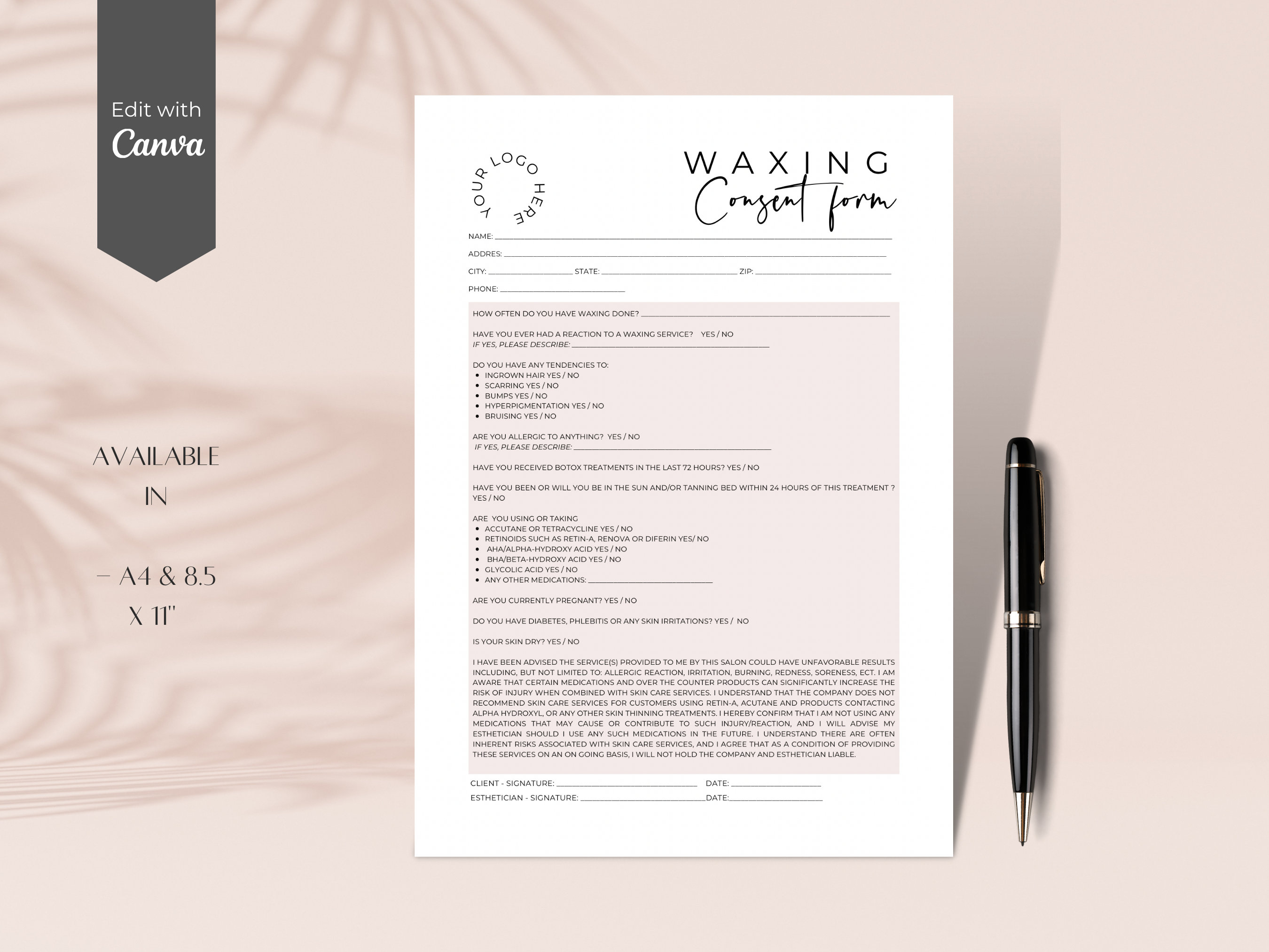 Editable Waxing Treatment Forms Professional Esthetician - Etsy