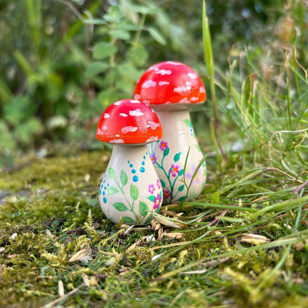 Pair of Hand Painted Wooden Toadstool Ornaments, Fairy Toadstool Decor ...