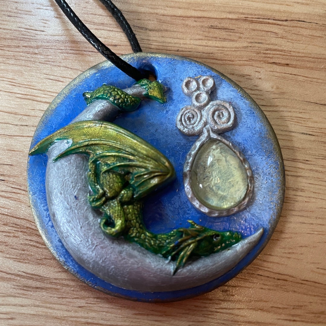 Polymer Clay Dragon Pendant, Fantasy Jewellery, Dragon and Moon ...