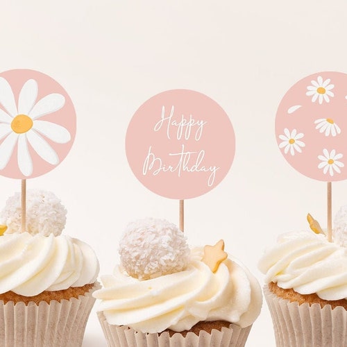 EDITABLE Daisy Birthday Cupcake Toppers Pink Floral Cake - Etsy