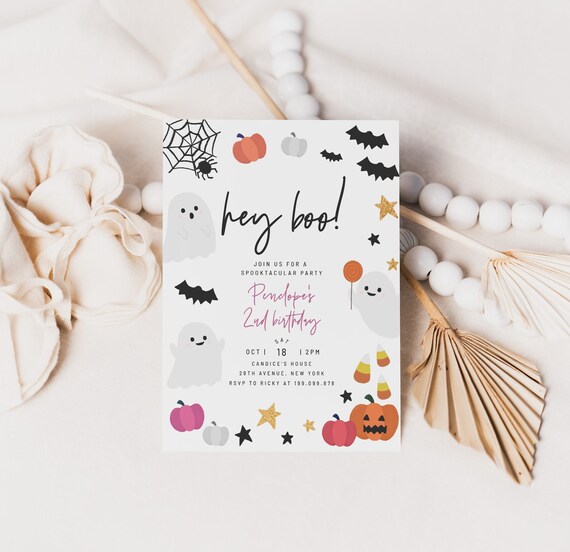 Editable Hey Boo Modern Birthday Party Invitation Halloween Party ...