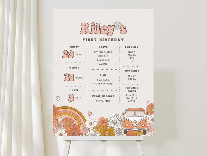 Editable Groovy Retro Flower Van Birthday Milestone Sign Stats - Etsy