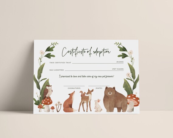 Woodland Animal Certificate of adoption Modern Birthday Game Instant ...
