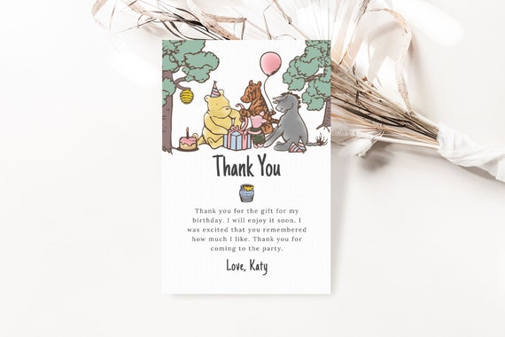 Editable Winnie the Pooh Thank You Card Modern Birthday Thank You Card ...