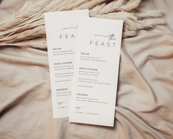 Editable Minimalist Menu Card Modern Simple Wedding Printable Download ...