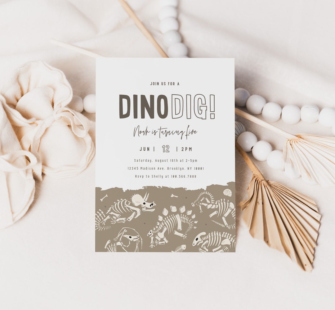 Dino Dig Birthday Invitation Template Fossil Dinosaur Jurassic Editable ...
