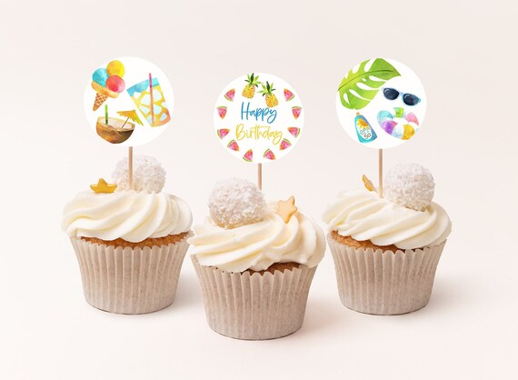 Editable Pool Party Beach Party Modern Birthday Decor Cupcake Topper ...