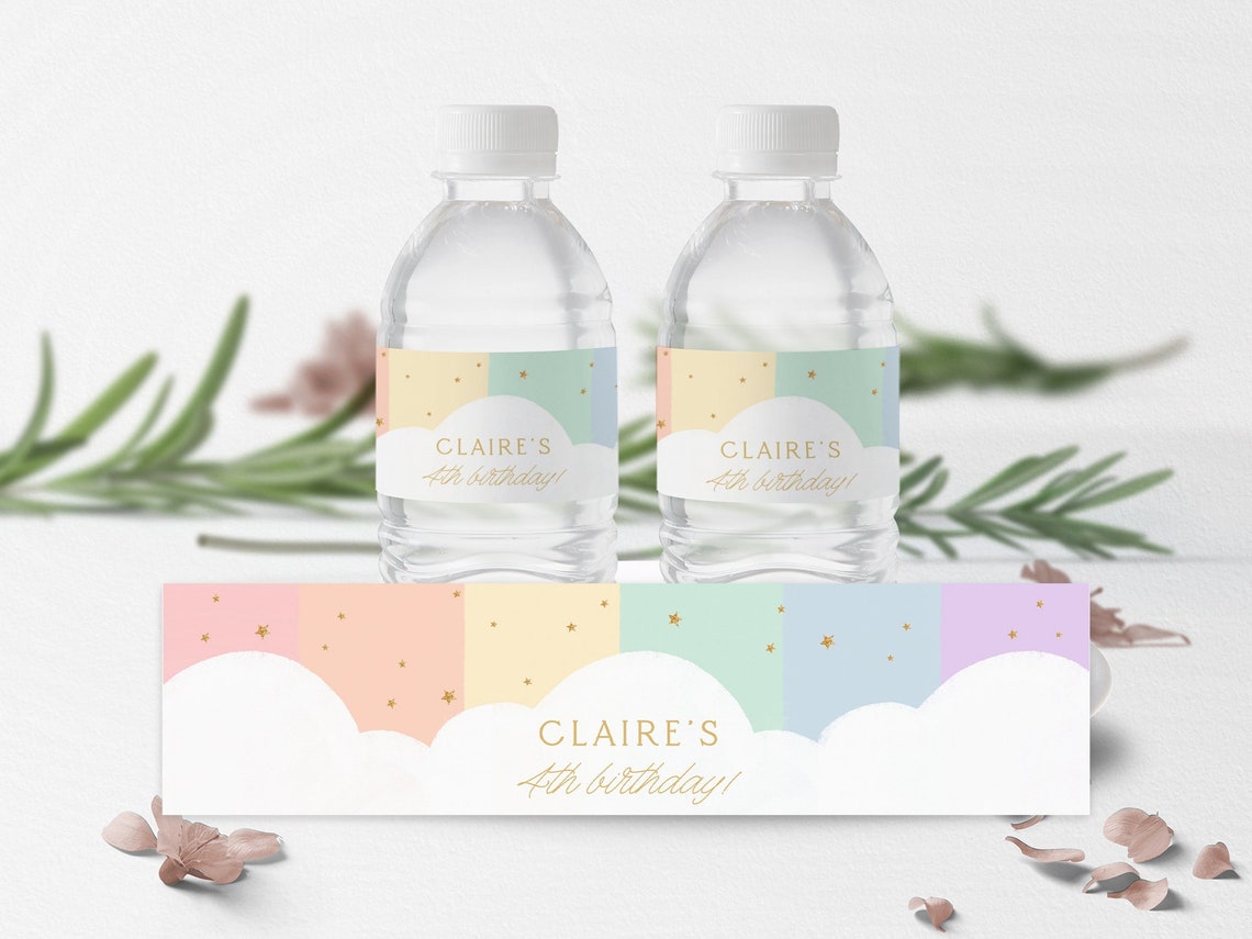 Editable Pastel Rainbow Water Bottle Label Stars Modern - Etsy