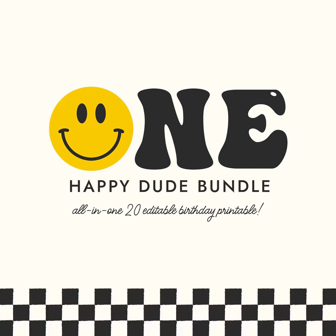 One Happy Dude Birthday Bundle Retro Smile Face All in One Editable ...