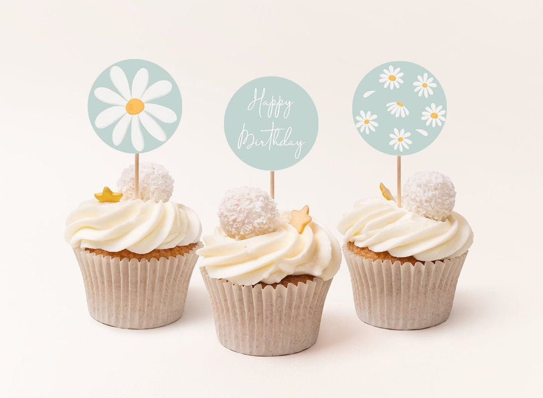 Editable Daisy Birthday Cupcake Toppers Favor Tags Birthday Green Party ...