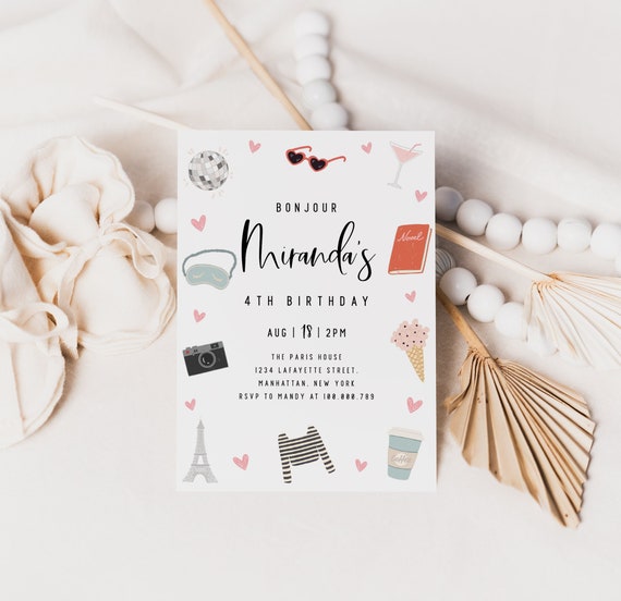 Editable Bonjour Paris Modern Birthday Party Invitation Printable ...