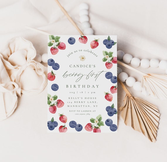 Berry First Strawberry Birthday Party Invitation Printable Blueberry ...
