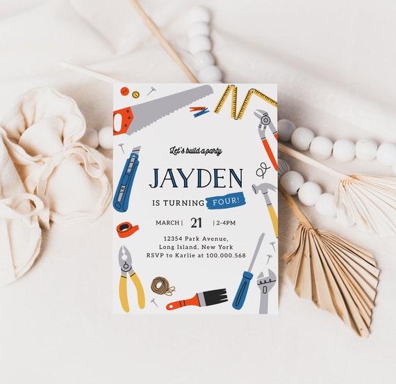 Editable Builder Tools Modern Birthday Party Invitation Printable Let's ...