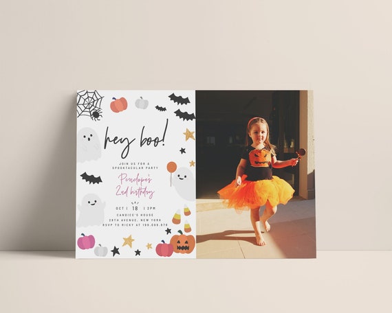 Editable Hey Boo Modern Birthday Party Invitation Halloween Party ...