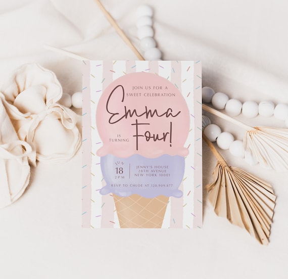 Editable Ice Cream Modern Birthday Invitation Pastel 5th Birthday Girls ...