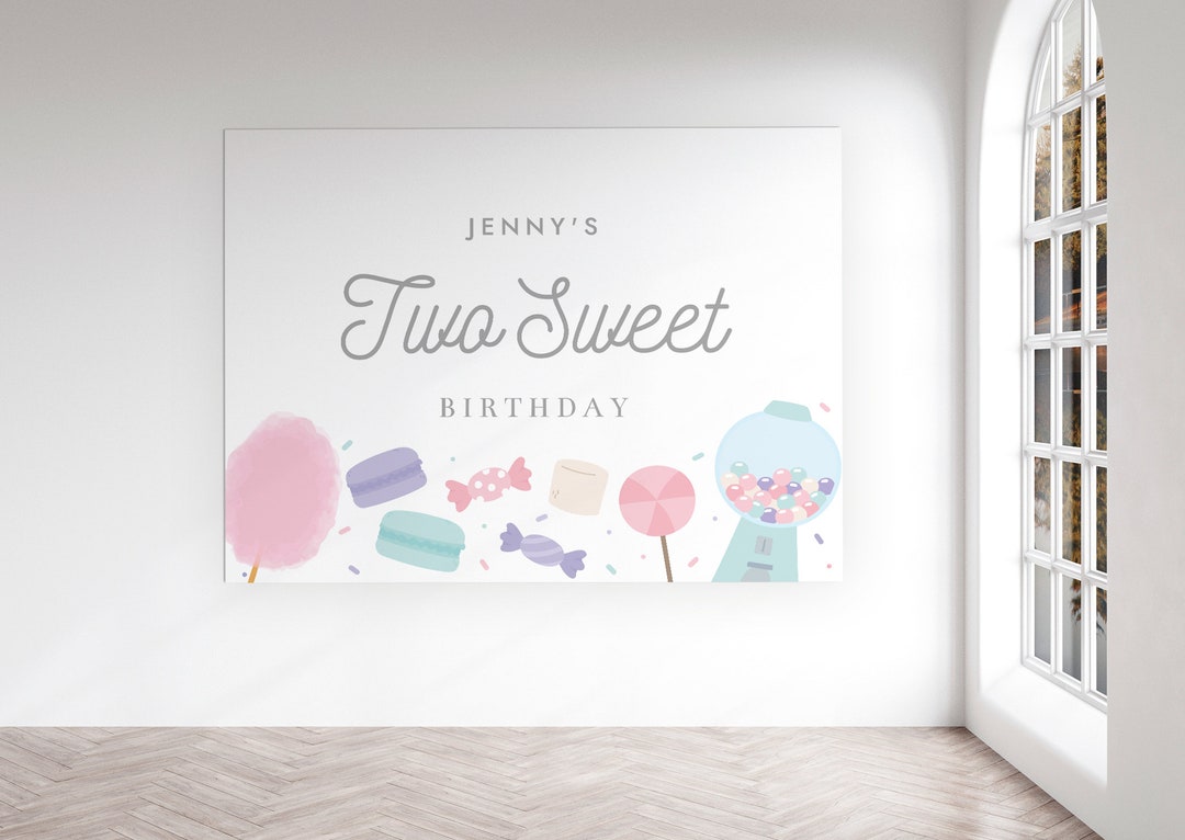 Editable Two Sweet Birthday Party Backdrop Cosmetic Candy Marshmallow ...