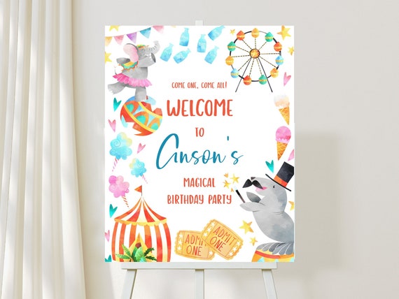 Editable Circus Modern Birthday Party Animals Circus Carnival Welcome ...