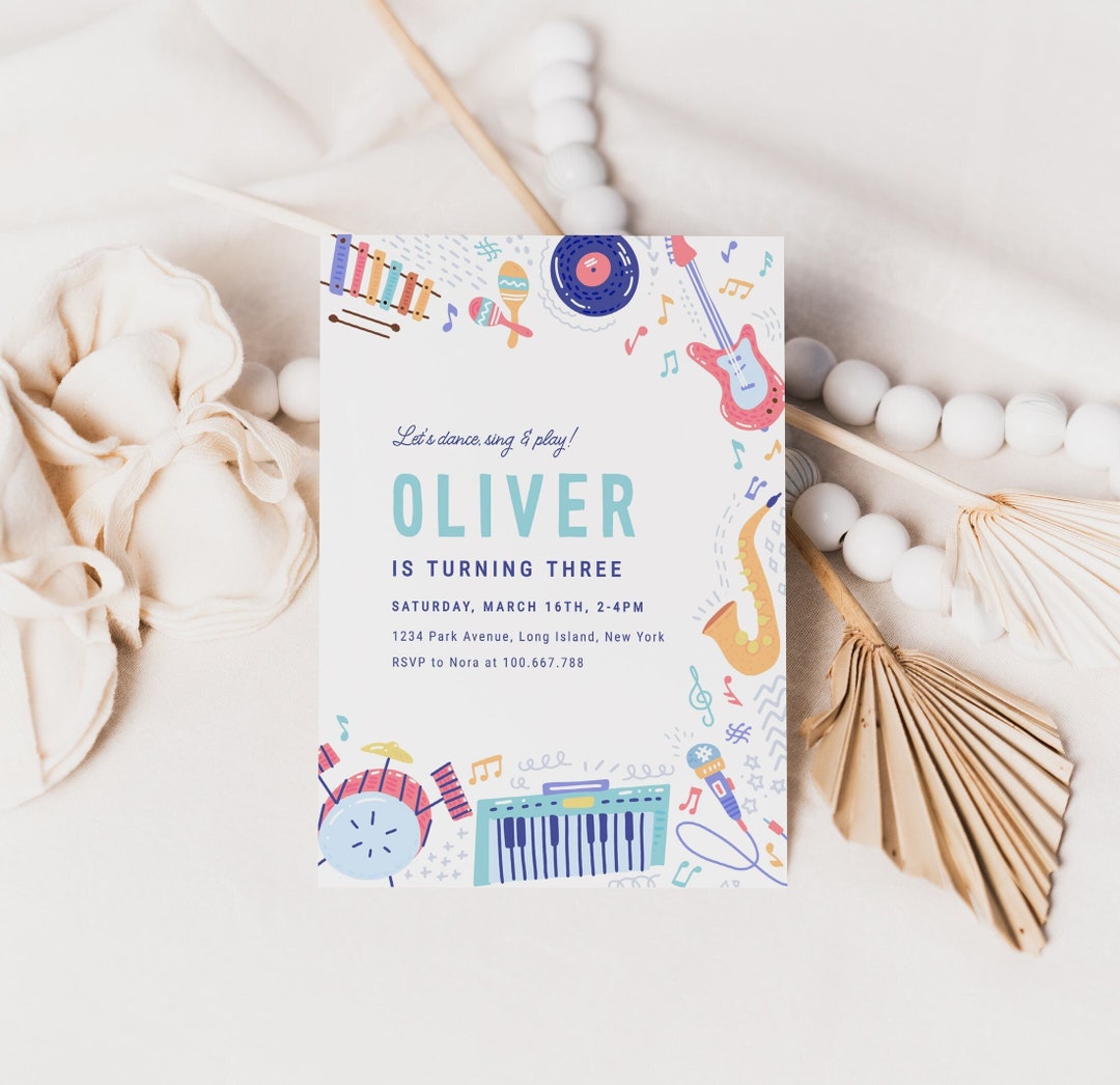 Music Instruments Birthday Invitation Template Keyboard Guitar ...