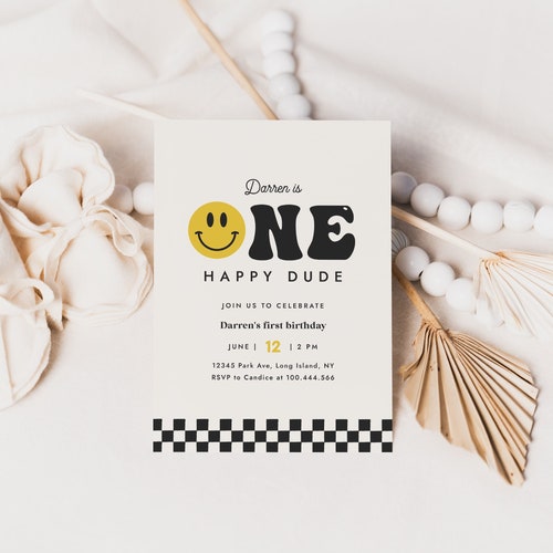 One Happy Dude Birthday Invitation Smiley Face Invitation - Etsy