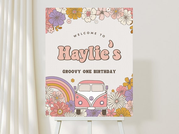 Editable Groovy Birthday Welcome Sign Retro 1st Birthday Girls Birthday ...