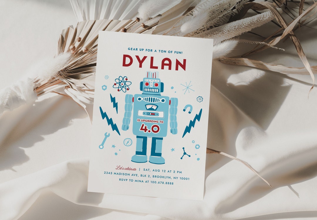Robot Birthday Invitation Template Gear up Editable Digital Invitation ...