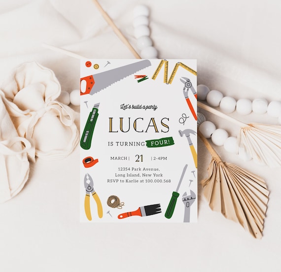 Editable Builder Tools Modern Birthday Party Invitation Printable Let's ...