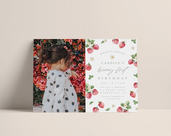 Berry First Strawberry Modern Birthday Party Invitation Printable ...