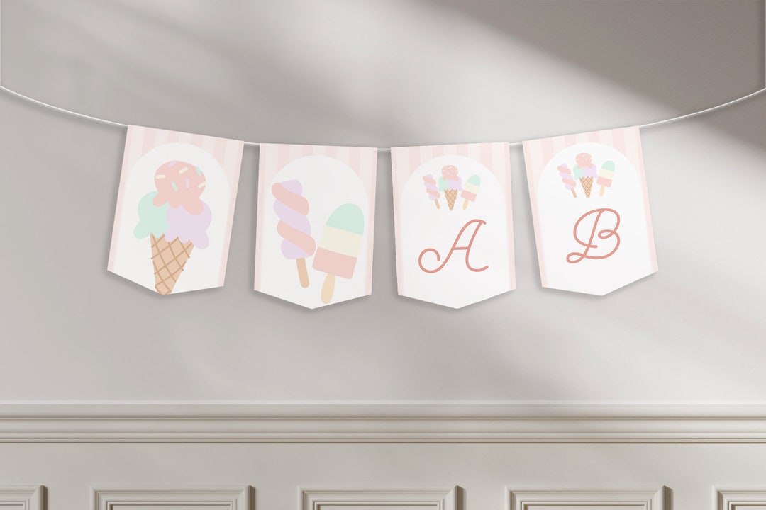 Editable Ice Cream Happy Birthday Banner Garland Popsical High Chair ...