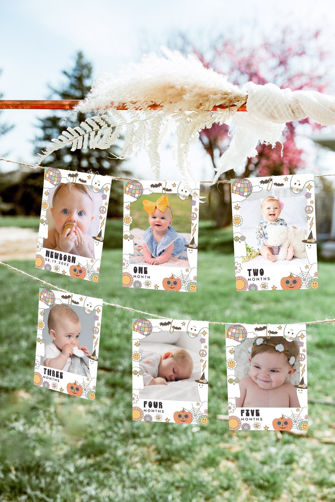 Editable Groovy Halloween Ghost Monthly Milestone Photo Cards Birthday ...