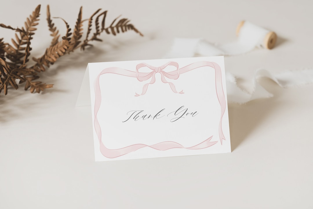 Editable Pink Ribbon Pink Bow Thank You Card Thank You Note Fold Card ...