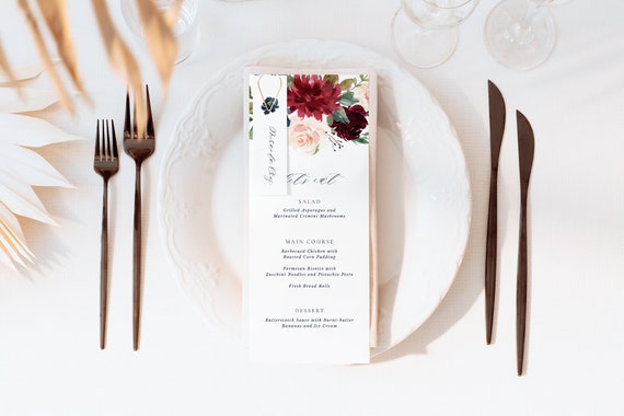 Editable Watercolor Flower Menu Card Modern Simple Wedding | Etsy