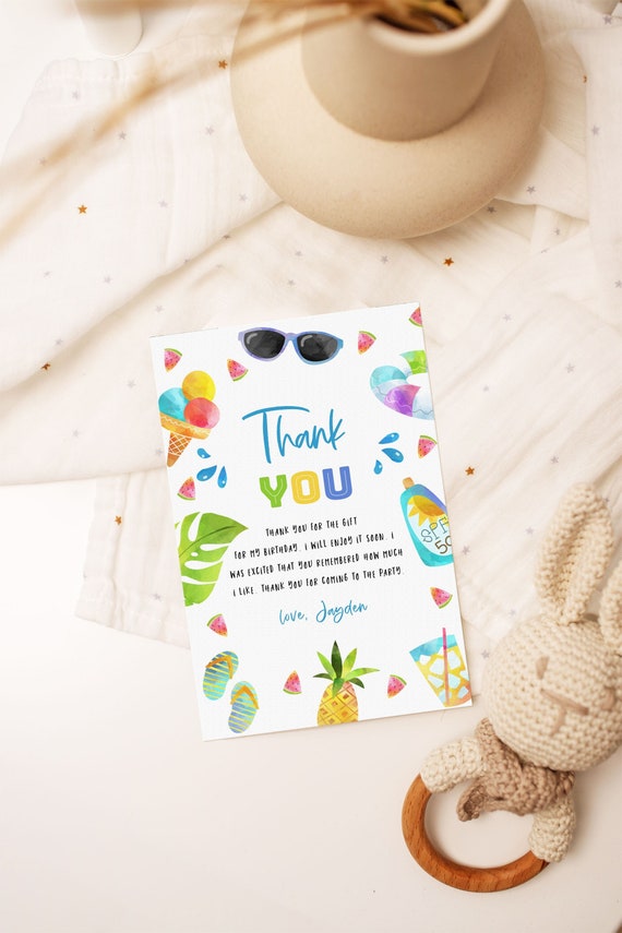 Editable Summer Pool Thank You Card Modern Birthday Thank You Card ...