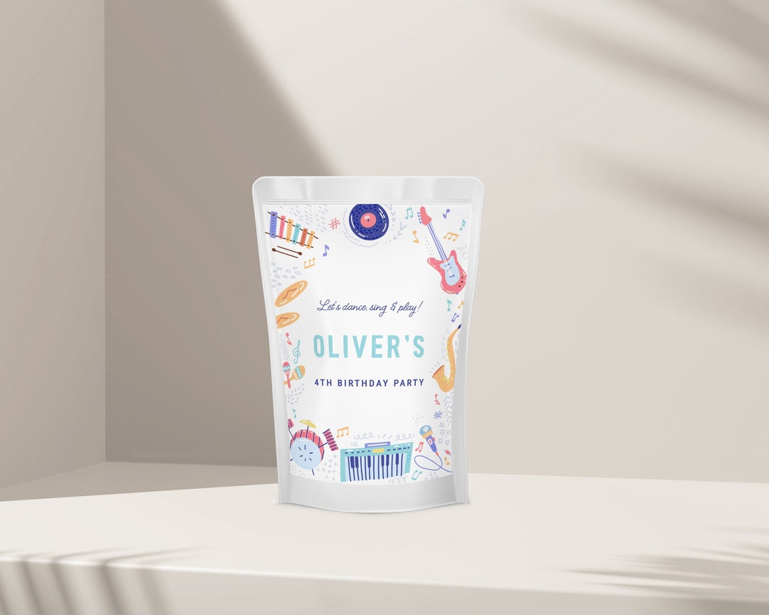 Editable Music Instrument Birthday Guitar Keyboard Juice Pouch Labels ...