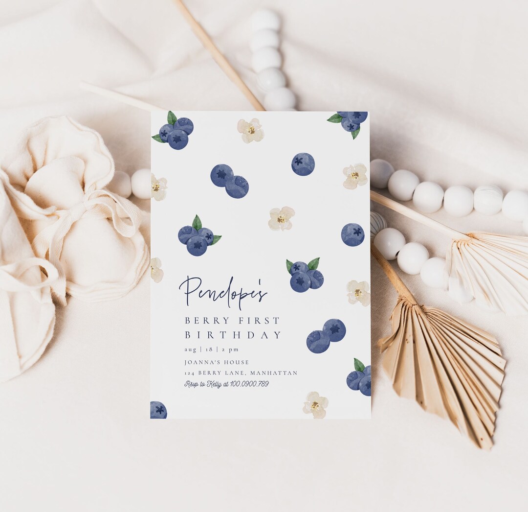 Berry First Blueberry Birthday Invitation Template Editable Invitation ...