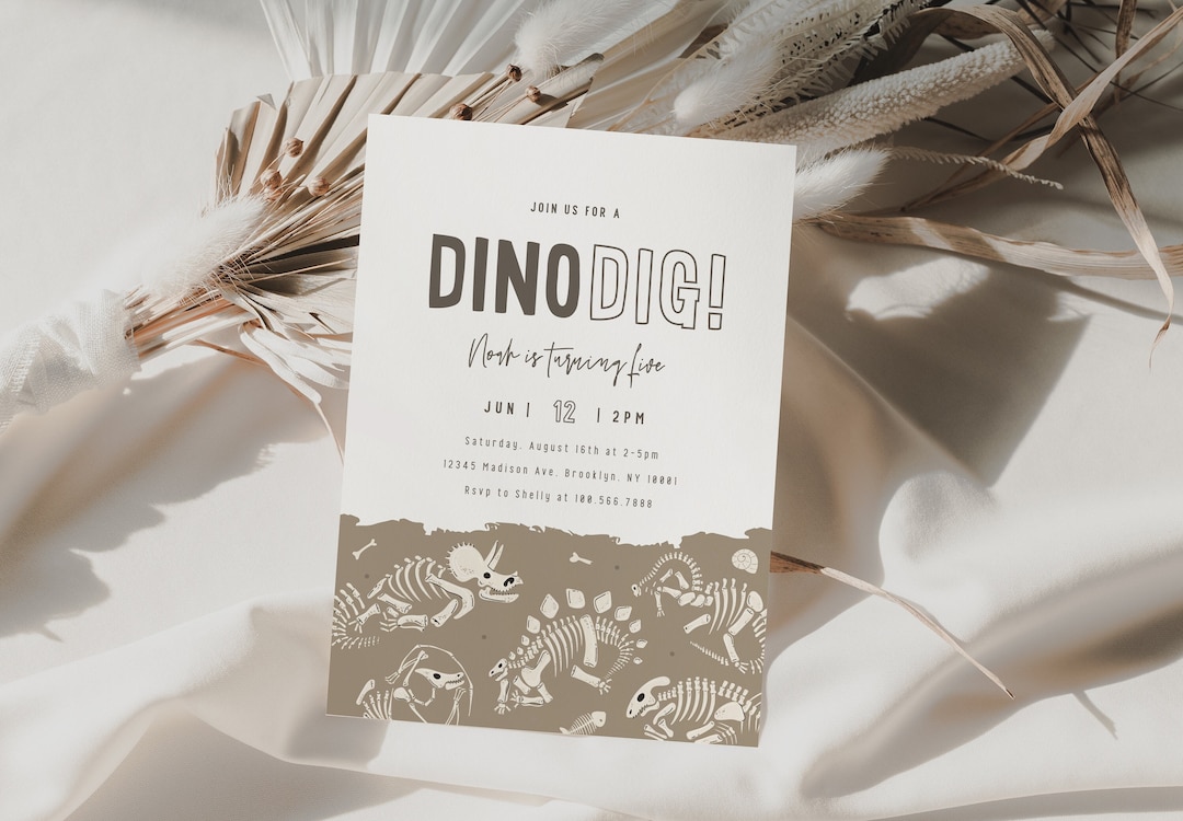 Dino Dig Birthday Invitation Template Fossil Dinosaur Jurassic Editable ...