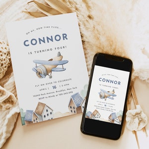 Plane Birthday Invitation Template Fly on Over Time Flies Editable ...