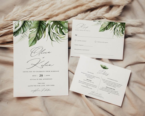 Editable Tropical Wedding Invitation Suite RSVP, Detail Printable ...