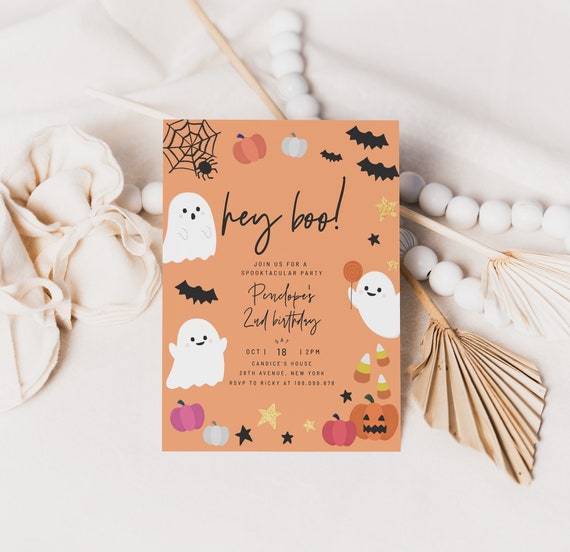 Editable Hey Boo Modern Birthday Party Invitation Halloween Party ...