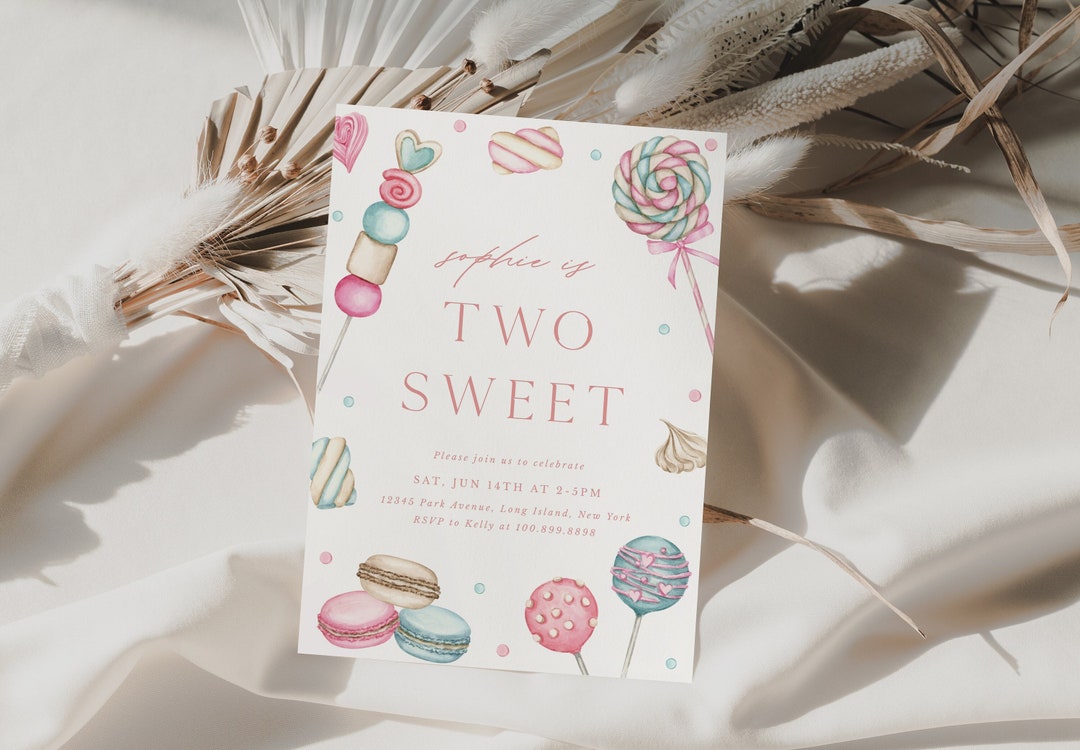 Editable Two Sweet Celebration Birthday Invitation Template Candy ...
