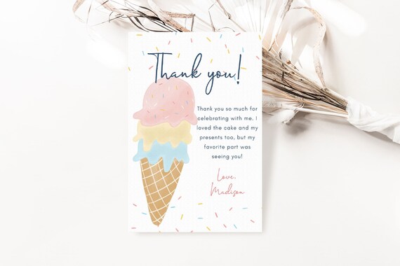 Editable Ice Cream Modern Birthday Thank You Card Birthday Thank You ...