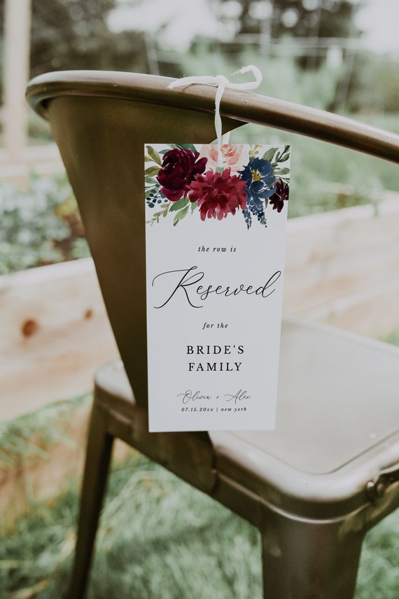 Minimalist Watercolor Flower Reserved Seating Tag Wedding Seating Row ...
