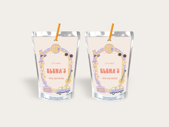 Retro Groovy Disco Party Juice Pouch Labels Disco Ball Standard Capri ...