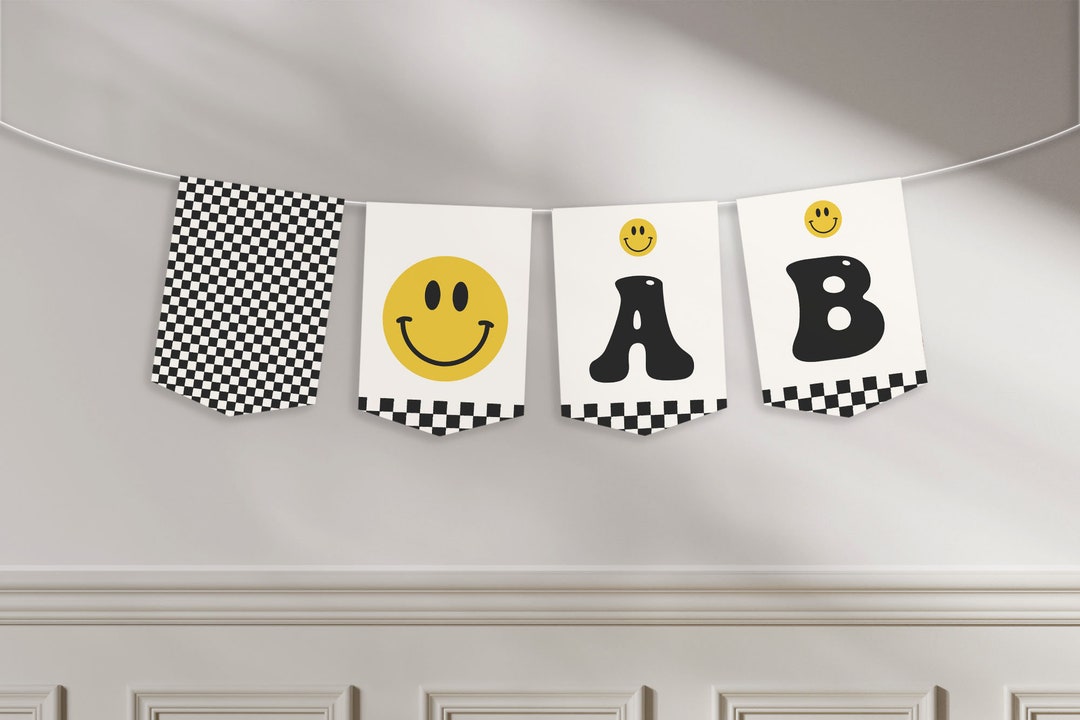 Editable One Happy Dude Retro Smile Face Happy Birthday Banner High ...