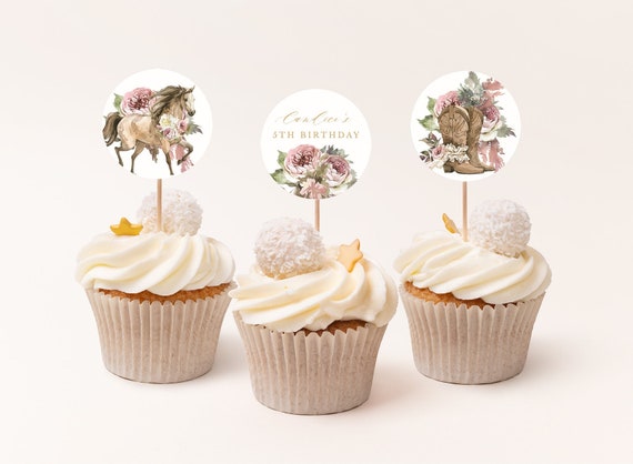 Horse Cowgirl Modern Birthday Cupcake Toppers Favor Tags Birthday Horse ...