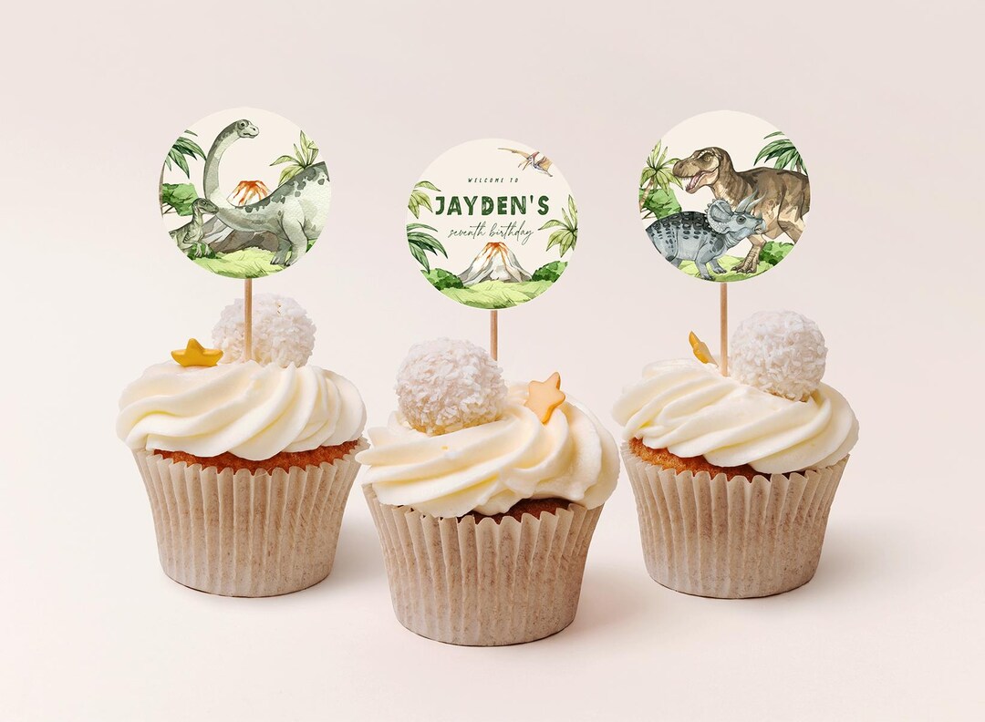 Editable Dinosaur Dino Cupcake Toppers Cake T-rex Sticker Birthday ...