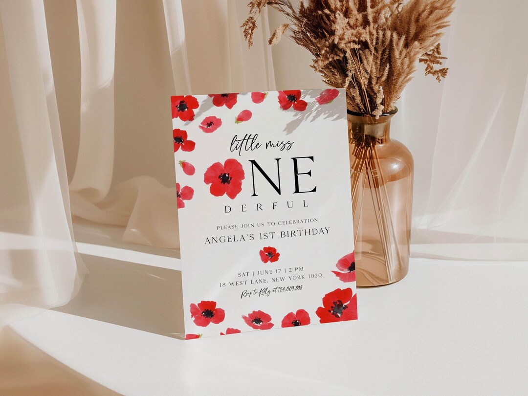 Little Miss Onederful Poppy Birthday Invitation Template First Birthday ...